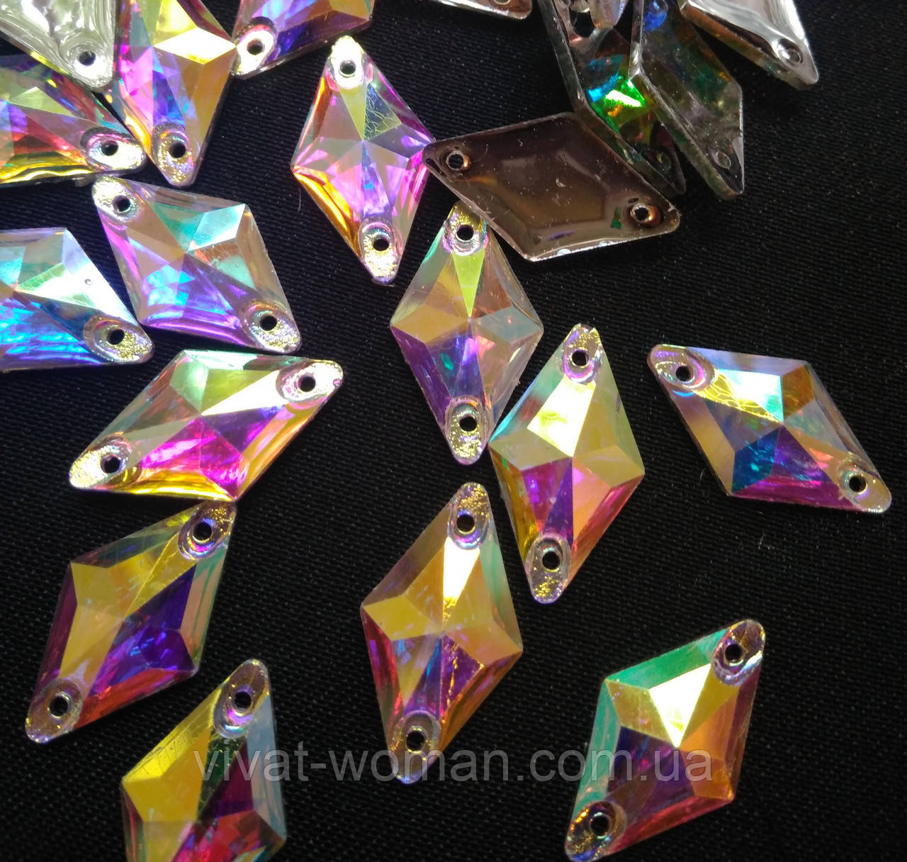 Стразы пришивные Ромб 11х19 мм Crystal AB, синтетическое стекло ...