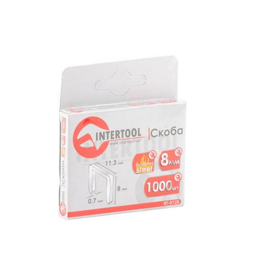 Купить Скоба каленая 8 мм, уп. 1000 шт., ширина 11,3 мм, сечение 0,70 мм INTERTOOL RT-0128, цена ...