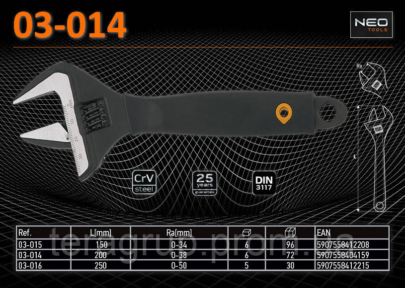 Ключ разводной сантехнический L-200мм, Ra- 38мм., NEO 03-014: продажа ...