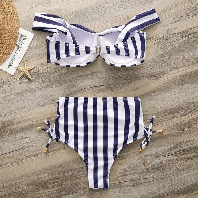 Купить Купальник женский раздельный в полоску с высокой талией и ...