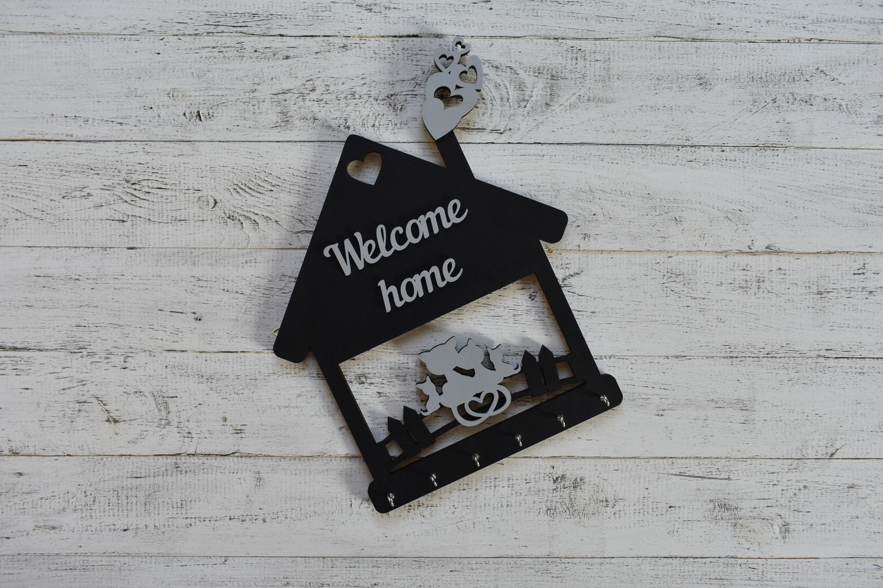 Семейная ключница из дерева в виде домика "Welcome home". Черная с ...