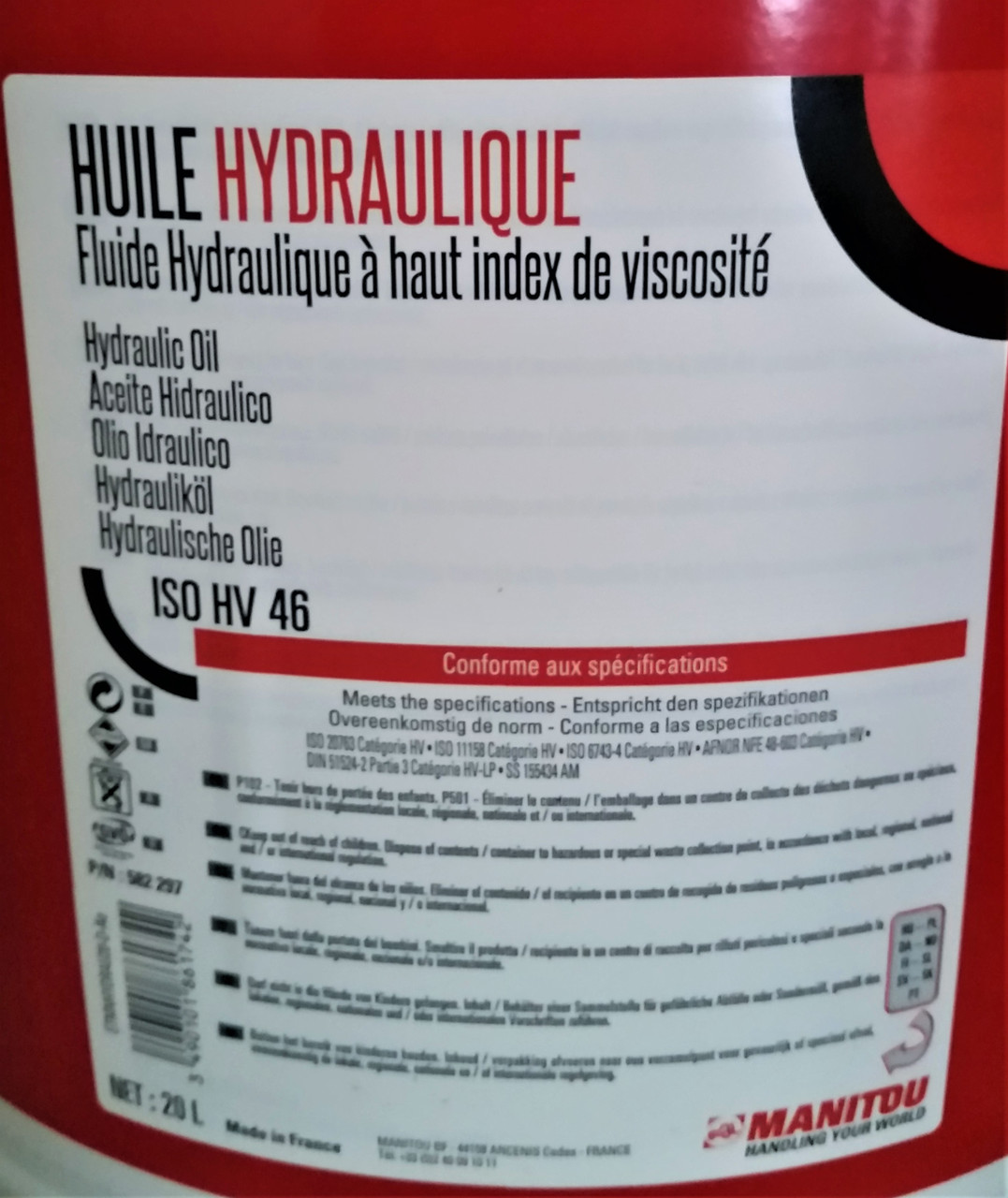 Купить Масло MANITOU гидравлическое HUILE HYDRAULIQUE ISO HV46 (20л) 582297, цена 6500 ₴ — Prom ...