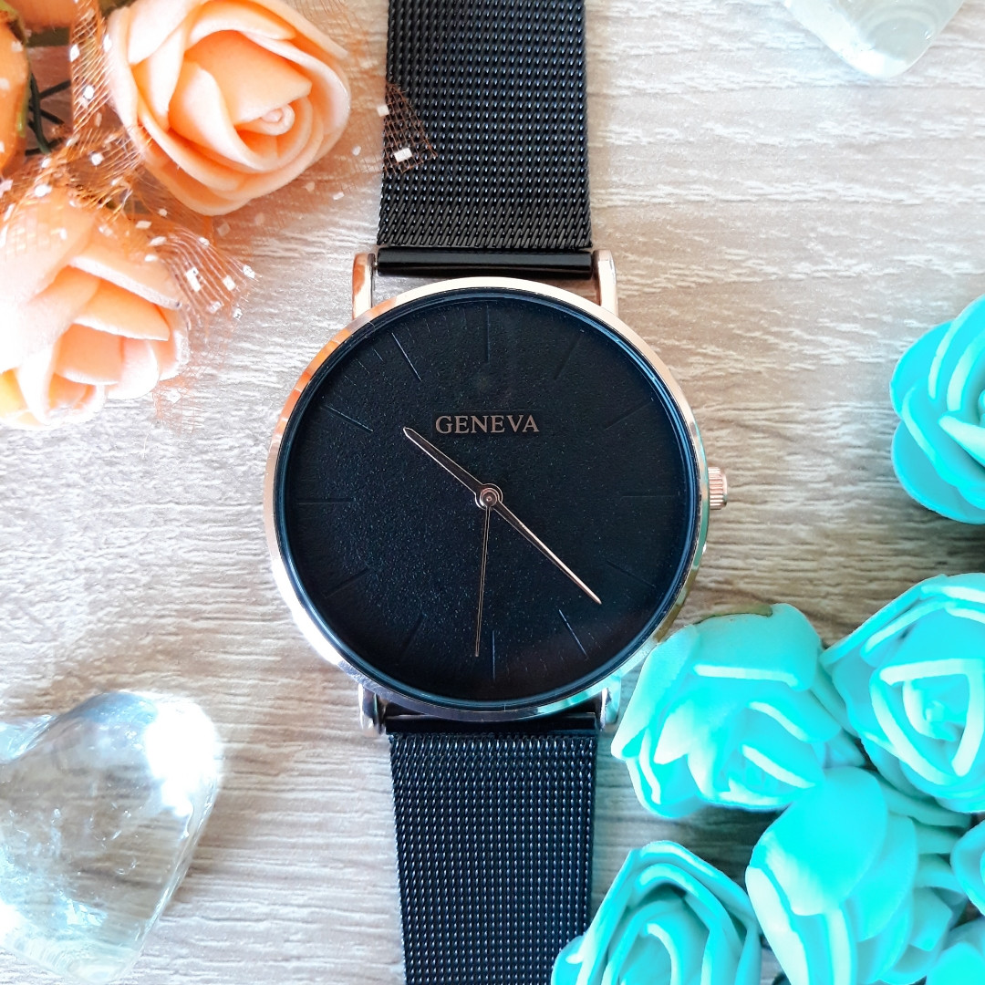 Женские часы Geneva Classic steel watch черные, жіночий наручний ...