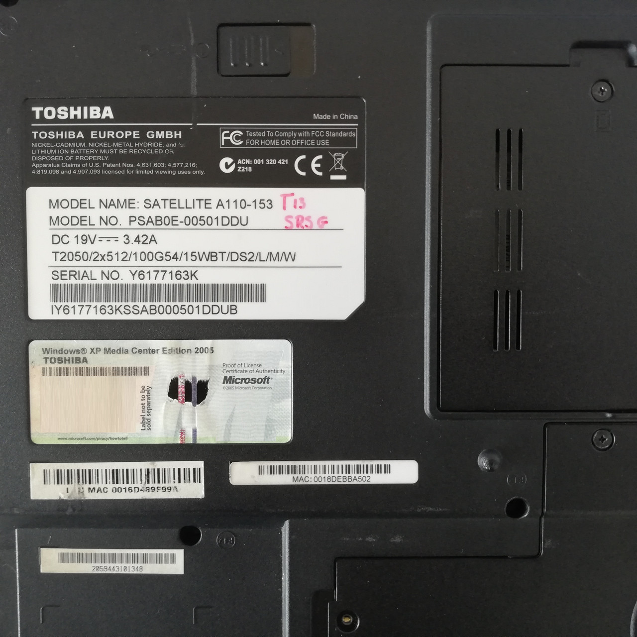 Ноутбук Toshiba Satellite A110-153 14.9" Intel T2050 512MB Б/У: продажа ...