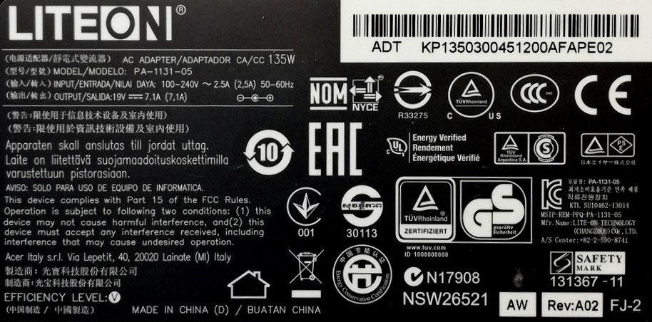 Блок питания Liteon 135W 19V 7.1A 131367-11 (PA-1131-05) 5.5x2.5мм Б/У ...
