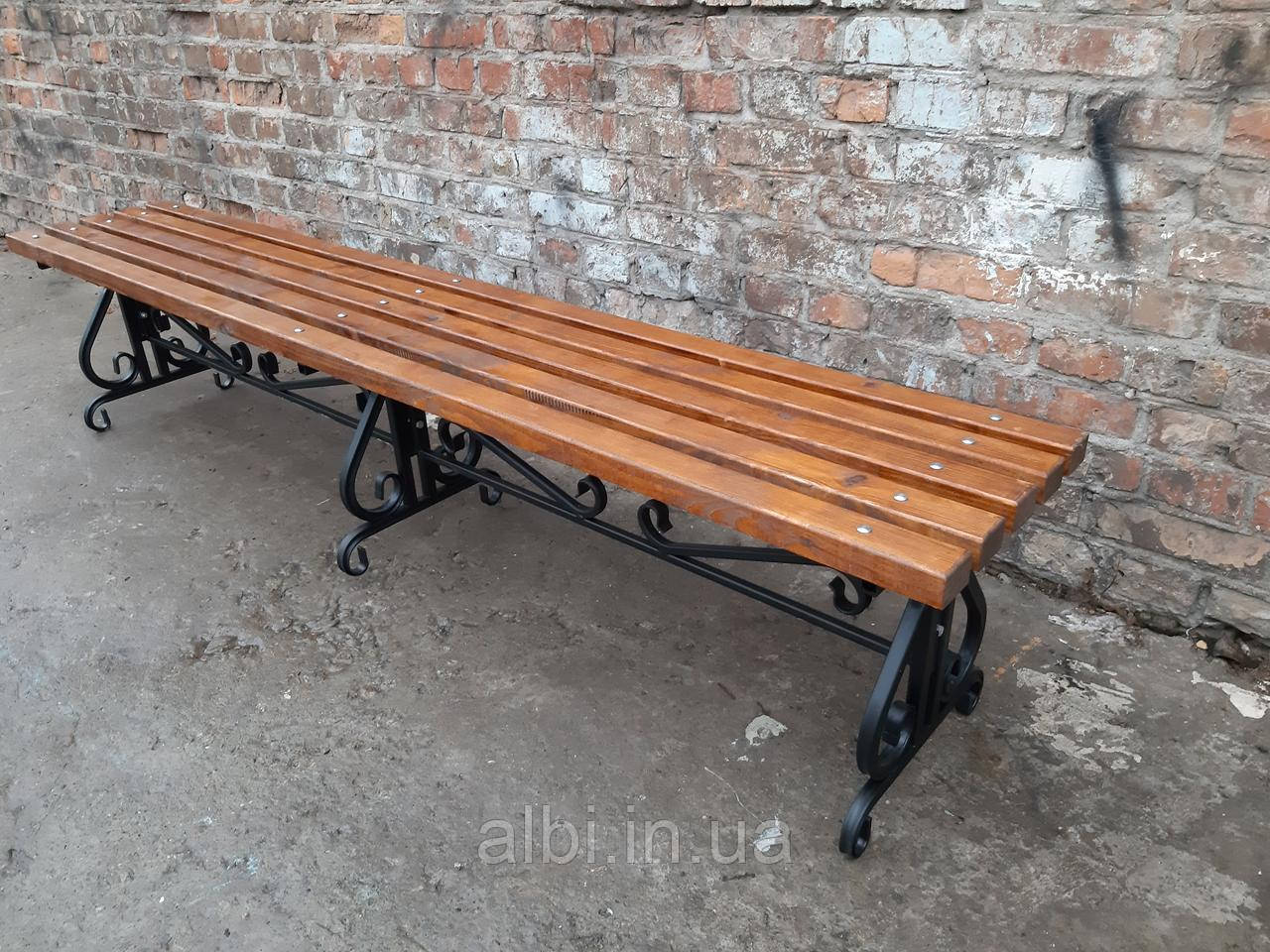 Лавка паркова без спинки 2,5 м, кована лавочка, лавка з металу, дерев ...