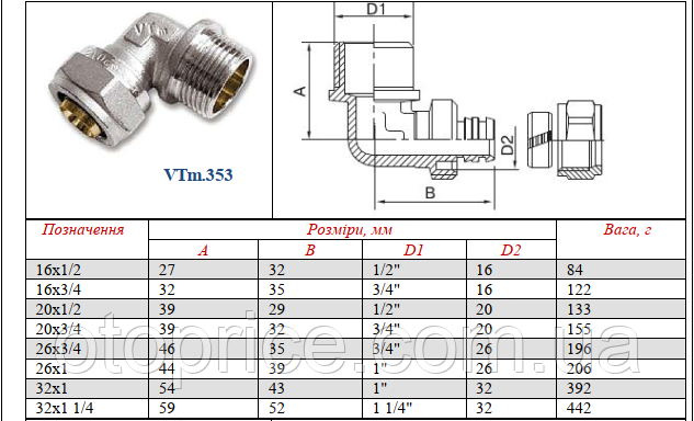 Купити Куточок обжимний зовнішня різьба Valtec 26*3/4, ціна 306.27 ₴ - Prom.ua (ID# 513835889)