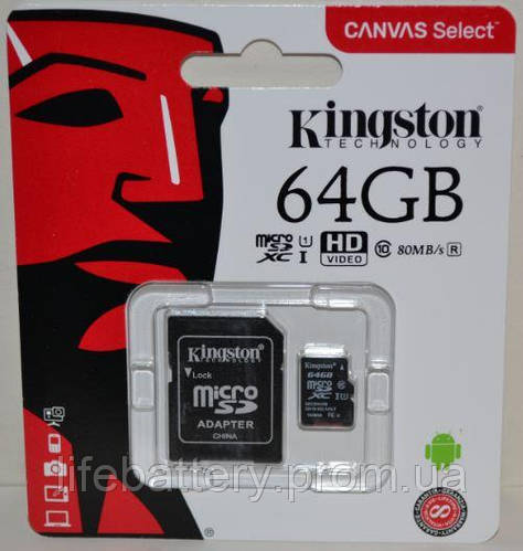 Купить Карта памяти micro-SD 64Gb KINGSTON (Class 10) + SD адаптер ...