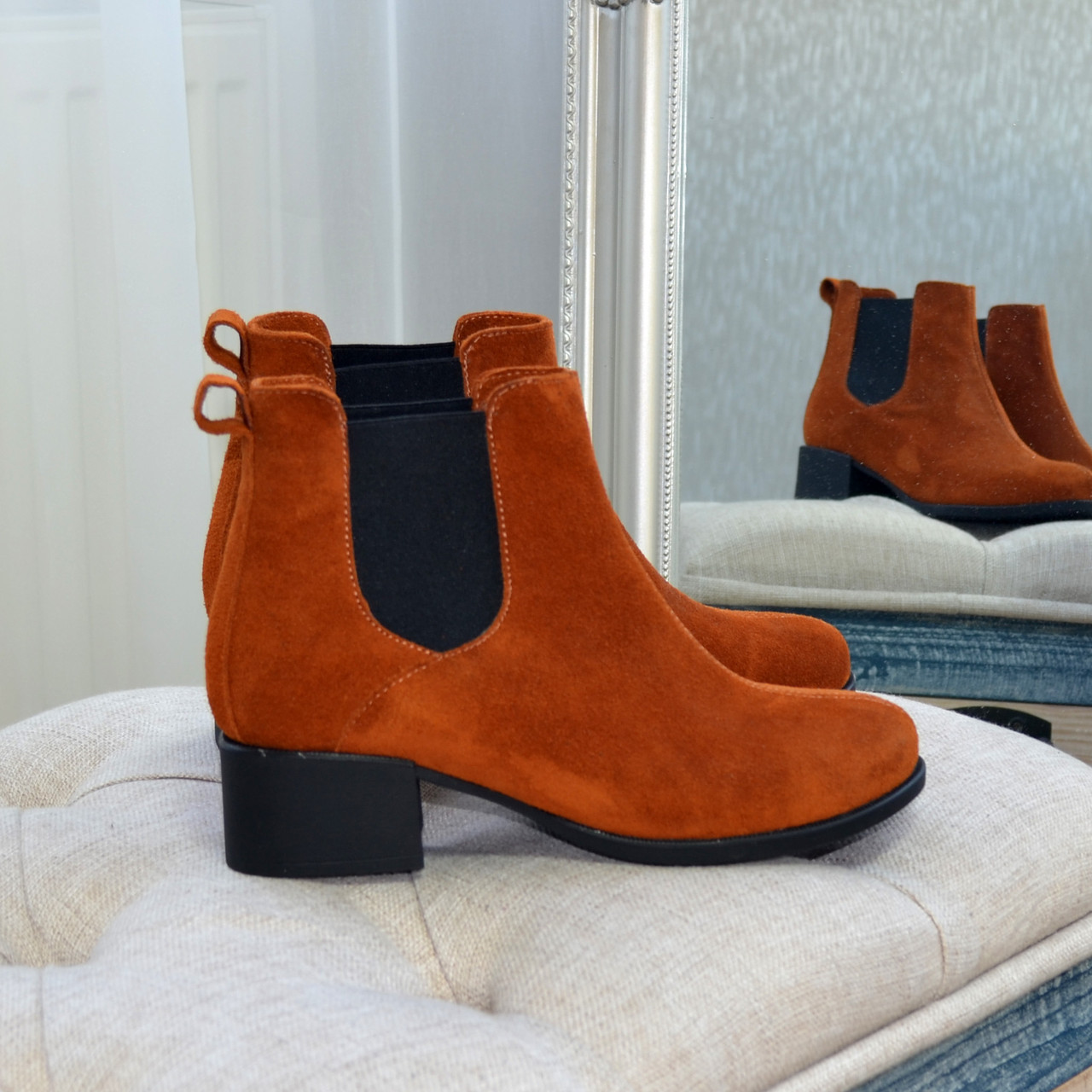 Ботинки челси женские замшевые на устойчивом каблуке, цвет рыжий ...