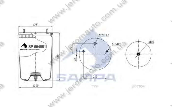 Купить Пневморессора без стакана BPW 4881NP02 (2 шп. M12, 1 отв.штуц ...