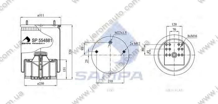 Пневморессора со стаканом в сборе (пластик) BPW 36K ROR (2 шп.M12,1 отв ...