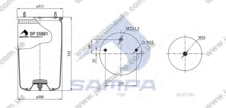 Пневморессора без стакана BPW 881MB/O (2 шп. M12 смещены,1 отв.штуц ...