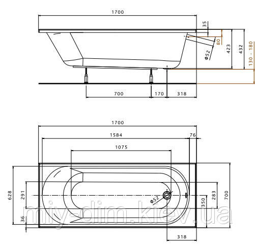 Ванна Kolo OPAL PLUS 170х70х43,2 cм акрил.(б/ніжок SNO, 190л) UA ...