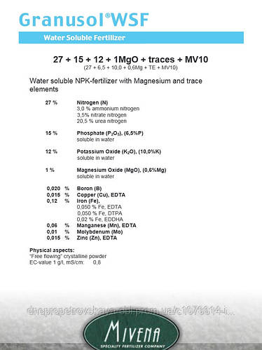 Азотное удобрение Mivena Granusol WSF 27-15-12-1MgO-TE MV10 для ...