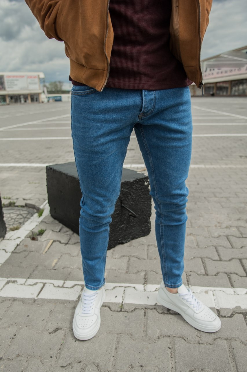 Джинсы Мужские Узкие Синие Однотонные Демисезонные Модные Синие Мужские ...