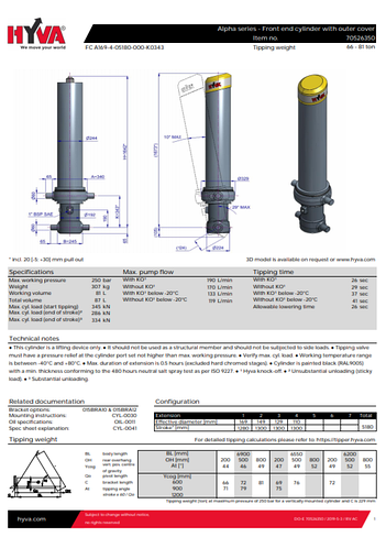 Купити Гідроциліндр Hyva FC A169-4-05180-000-K0343 (фронтальний з вухом ...