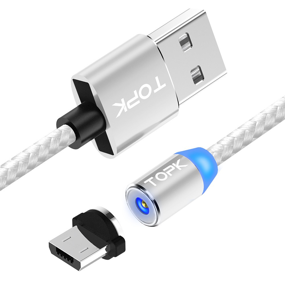 Магнітний кабель 1 метр TOPK AM23 MiсroUSB 2.4A Срібло, ціна: 60 ...
