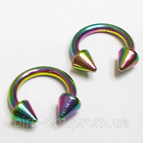 Подкова для пирсинга 1.2х6х3мм с конусами. Медицинская сталь, радужное ...