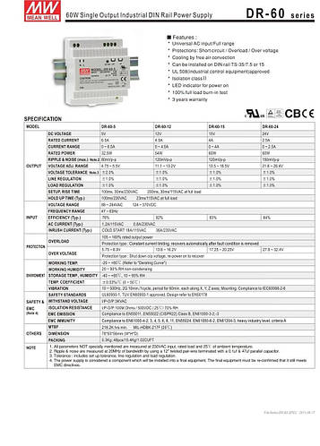 Купить DR-60-12 блок питания на DIN-рейку 54W 12V IP20 Single Output ...