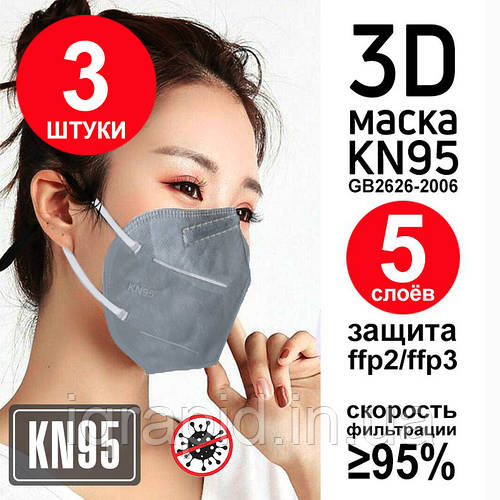 Захисна маска KN95 Респіратор без клапана N95 сірий колір. Захист FFP2. Купити 3 шт., ціна: 75 ...