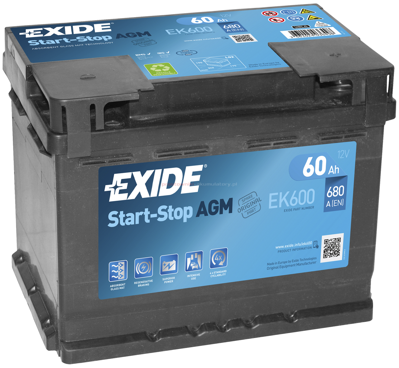 Акумулятор стартерний Exide AGM 6СТ-60 Євро (EK600), ціна: 5615 ...
