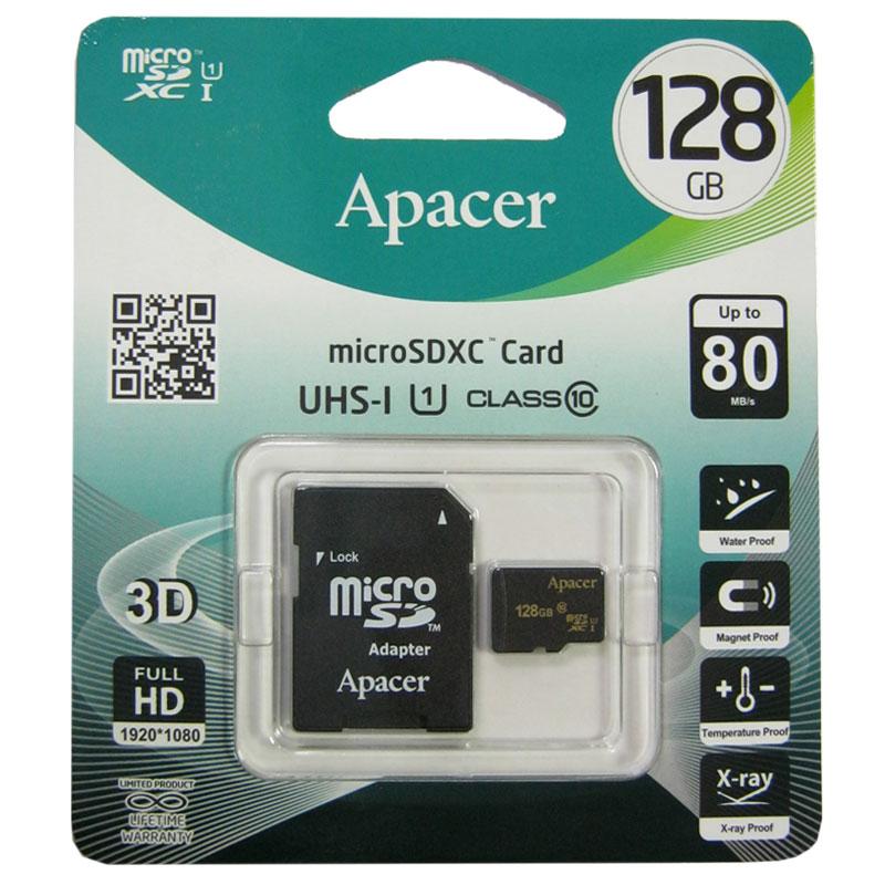 Карта Памяти Micro-SDXC 128Gb Apacer Class10 UHS-1 FullHD 85Mb/s+SD ...
