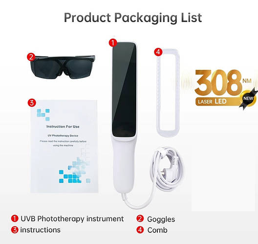 Купить Дермалайт BU-10 UVB LED 308 nm для лечения заболеваний кожи, с гребнем, со встроенным ...