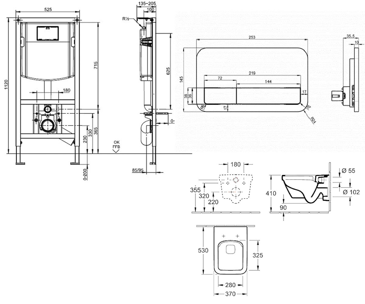 Інсталяція VILLEROY & BOCH 92246100 + E200 92249061 + підвісний унітаз ...