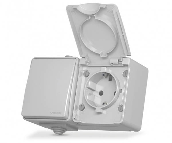 Videx Binera Ip65 Розетка зовнішня одинарна із заземленням та вимикачем одноклавішним сіра Id