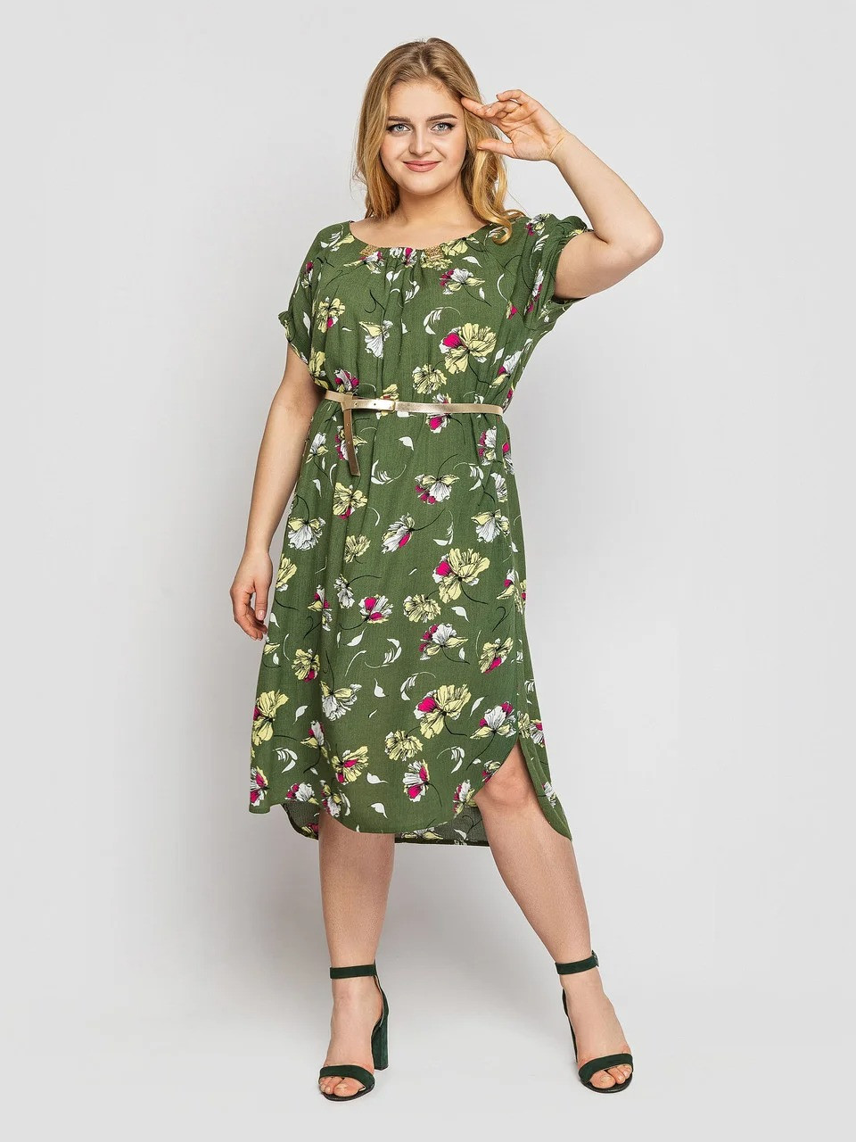 Летнее Зеленое Платье Изо Льна с Коротким Рукавом в Цветочный Принт ...