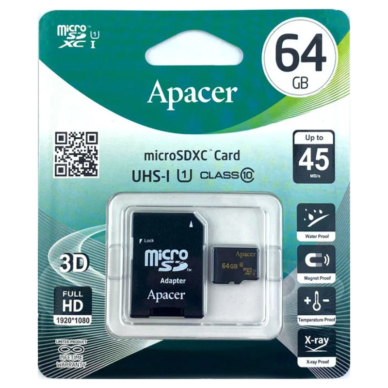Карта памяти Apacer MicroSD 64GB UHS-I Class 10 + переходник SD, цена ...