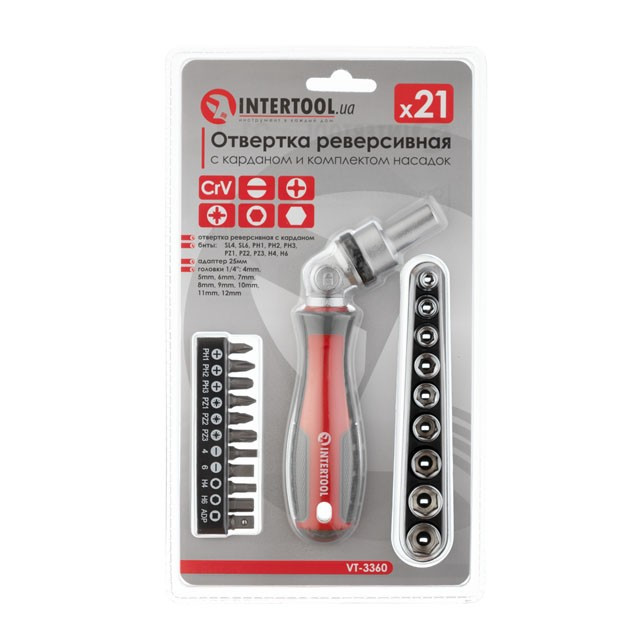 Викрутка реверсивна з карданом і комплектом насадок 21 од INTERTOOL VT-3360 (ID#1388722899 ...