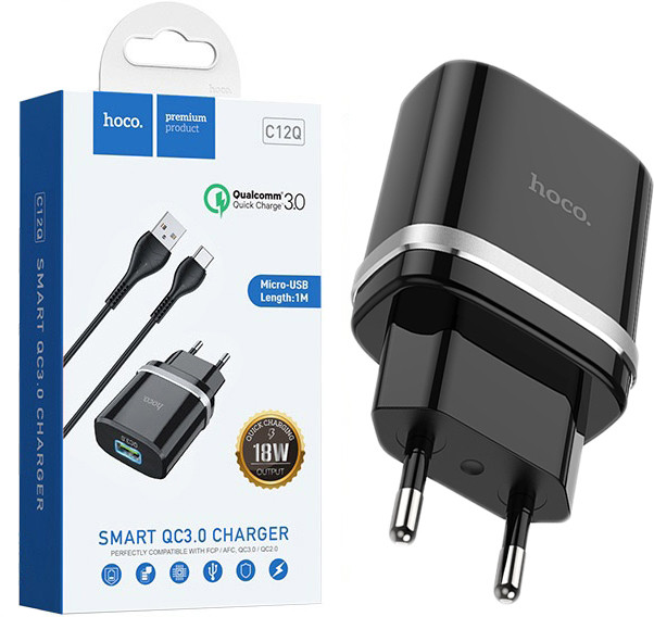 Быстрая зарядка Hoco C12Q Smart QC3 3A + microUSB кабель Black (ID ...