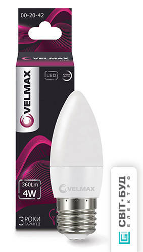LED лампа Velmax V-C37, 4W, E27, 4100K, 360Lm, угол 260 °, цена: 62 ...