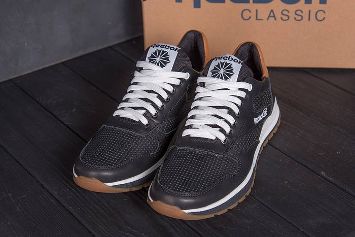 Мужские летние кроссовки Reebok кожаные, черные (рибок), весна/лето ...