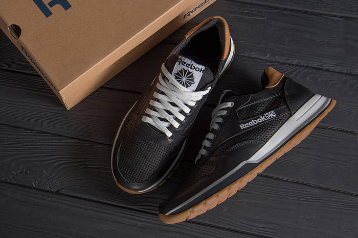 Мужские летние кроссовки Reebok кожаные, черные (рибок), весна/лето ...