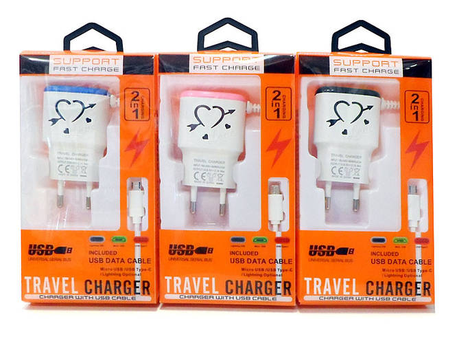 Зарядний пристрій 220В 1А USBx2 з кабелем micro USB Любов 250шт CHARGER ...