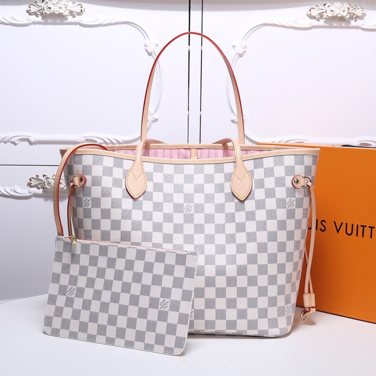 Сумка Луи Витон Neverfull канва Damier Azur+Pink, кожаная: продажа ...