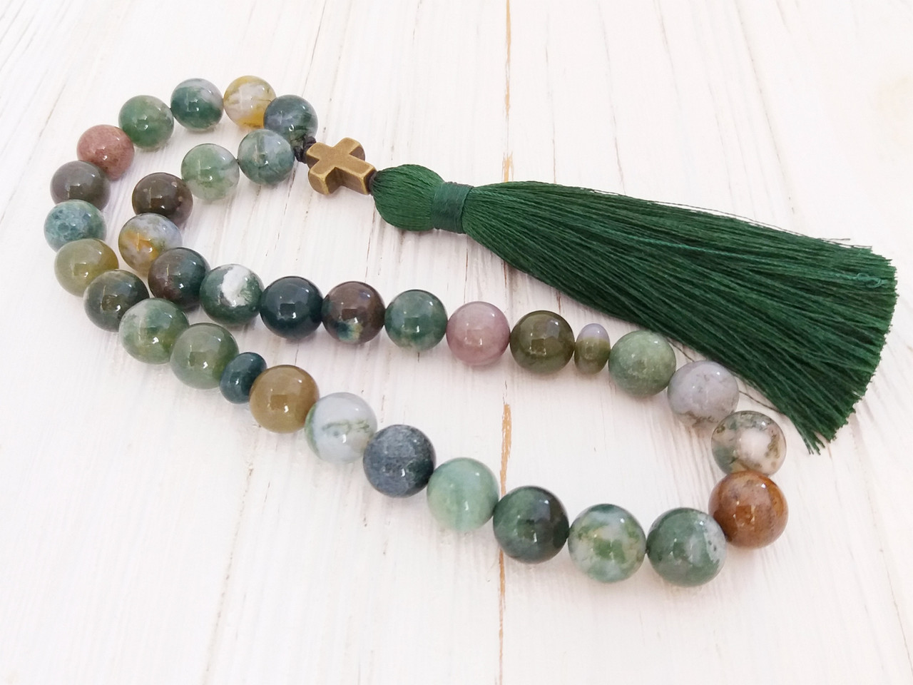 Четки Из Натурального Камня Моховой Агат 33 Бусины с Крестом D 10мм ...