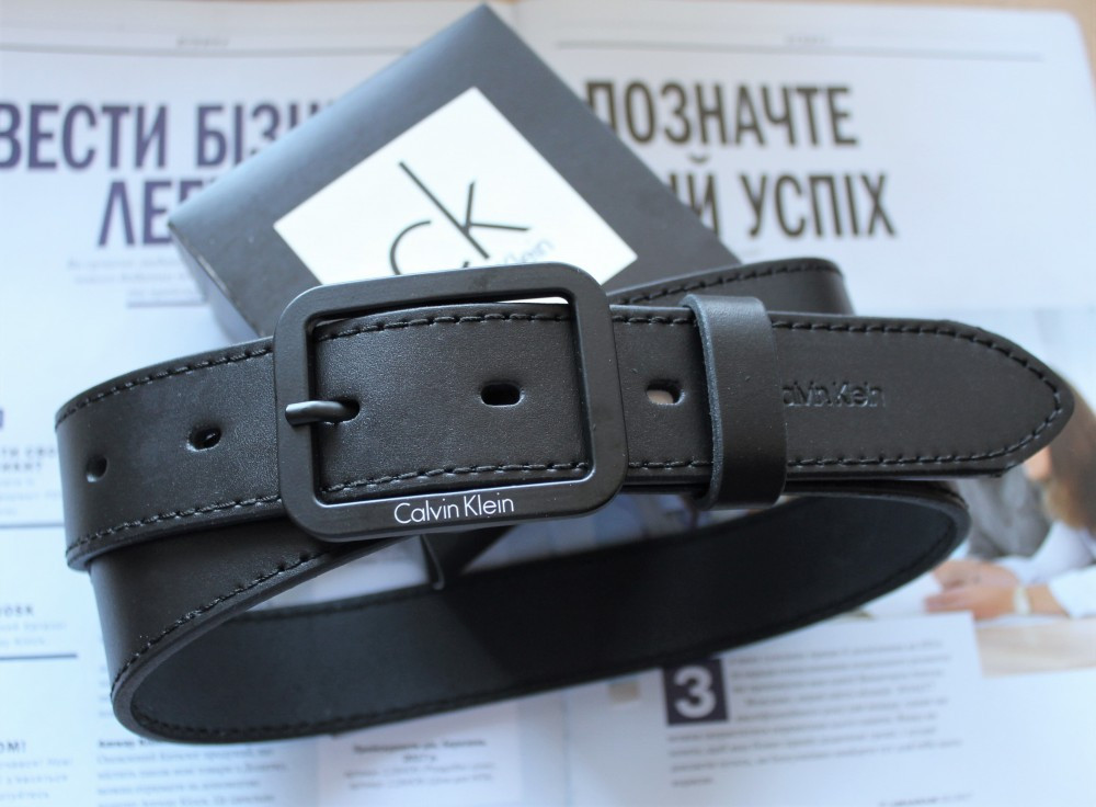 Стильный Мужской Кожаный Ремень Calvin Klein Черный с Черной Пряжкой ...