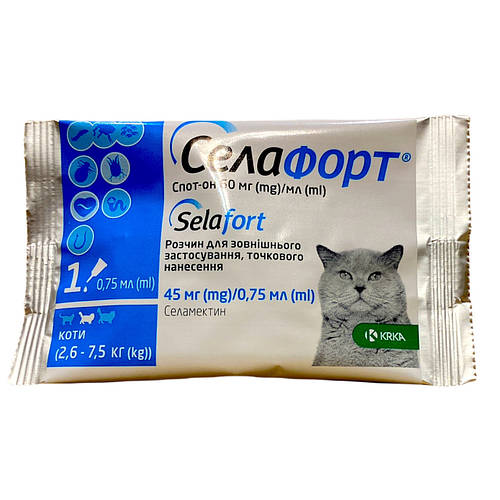 Селафорт спот-он, для кошек массой 2,6 - 7,5 кг (45 мг / 0,75 мл), цена ...