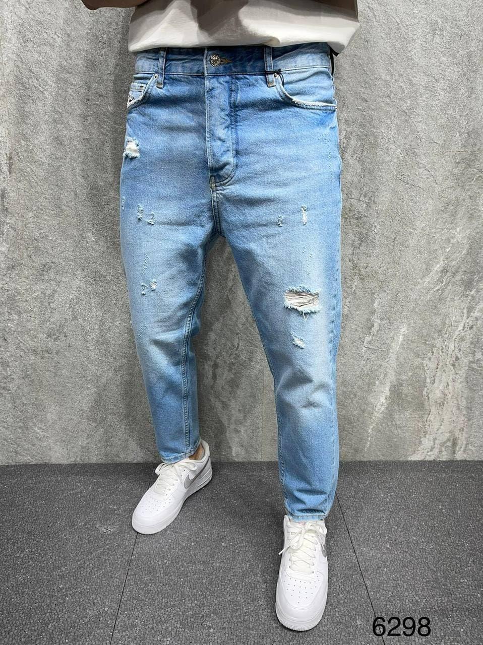 Светло-синие МОМ Джинсы Мужские Широкие с Дырками Рванные Укороченные ...