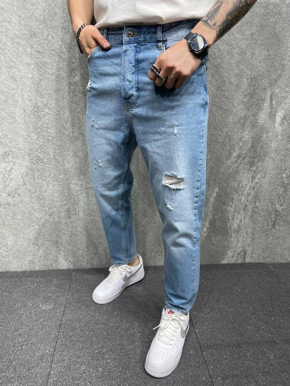 Купить Светло-синие МОМ джинсы мужские широкие с дырками рванные ...