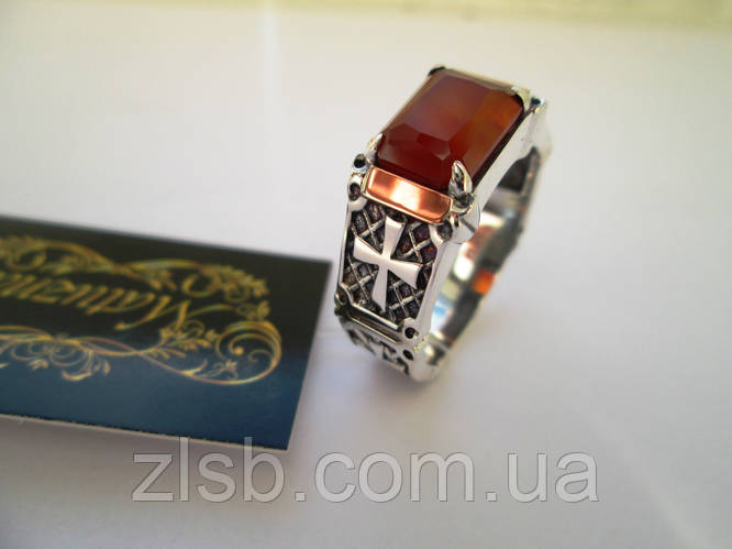 Мужской серебряный перстень Готика с золотой пластиной и Натуральным ...