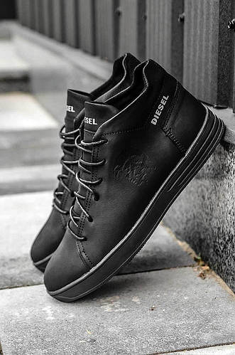 Купить Зимние мужские кроссовки Diesel Pirate Черные Кожаные на меху ...