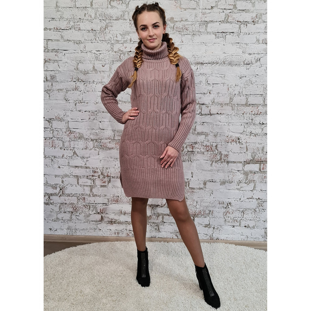 Вязаное Прямое Платье Из Шерсти с Высоким Воротником Размер Оверсайз 44 ...