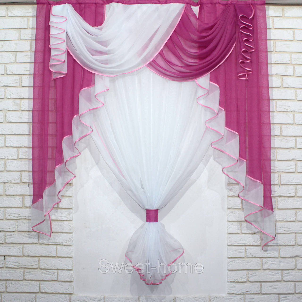 Кухонная Занавесь Ламбрекен и Тюль Цвет Малиновый с Белым — Купить