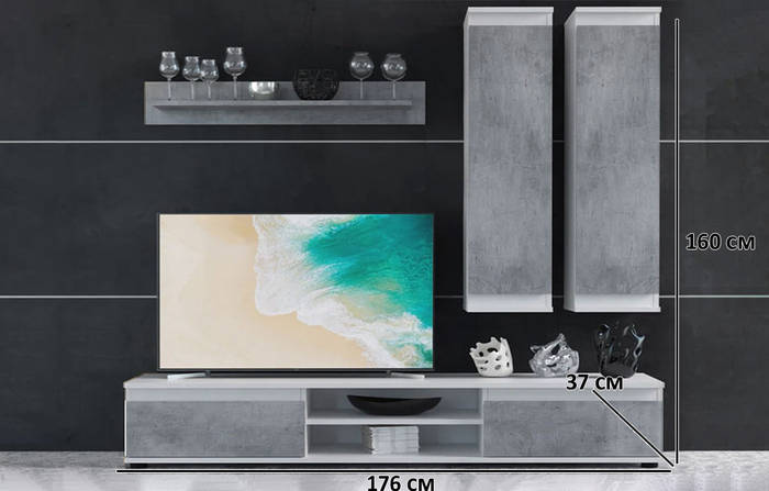 Стенка Люсия 175 см белая матовая с фасадами бетон из ДСП в гостиную, цена 6530 ₴: купить на ...