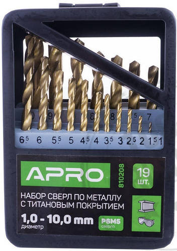 Набор сверл по металлу Apro - 19 шт. (1-10 мм) титан (ID#1104005466 ...