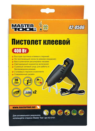 Пистолет клеевой MasterTool 42-0506, Ø 11,2 мм 400 Вт, 28 г/мин, регулятор темп-ры 150-200, цена ...